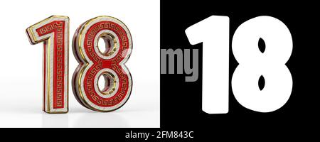 Red number 18 (number eighteen) with golden symbols endless knot. 3D ...