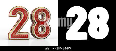 Red number 28 (number twenty-eight) with golden symbols endless knot ...