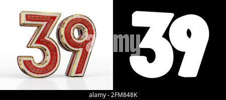 Red number 39 (number thirty-nine) with golden symbols endless knot. 3D ...