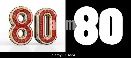 Red number 80 (number eighty) with golden symbols endless knot. 3D ...