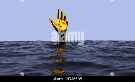 Surreal vaporwave concept with golden hand gesturing from underwater ...