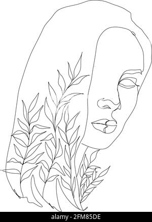 Female portrait with flower vector single clipart. Framed drawing of ...