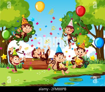 Monkey group in party theme isolated on white background illustration ...