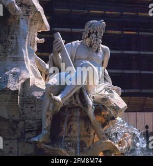 RIO GANGES - DETALLE DE LA FUENTE DE LOS CUATRO RIOS EN LA PLAZA NAVONA ...
