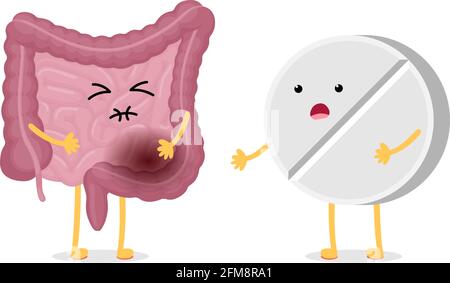 Sad suffering sick intestine pain cartoon character. Abdominal cavity ...