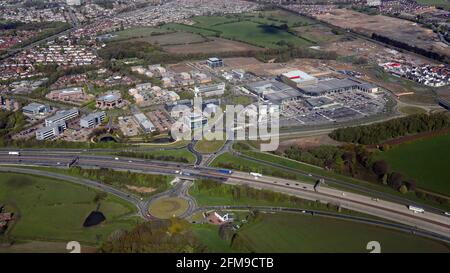 An aerial view above a complex motorway junction at Ferrybridge in ...