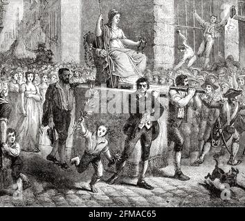 The celebration of the Goddess of Reason in Paris in 1793, the French ...