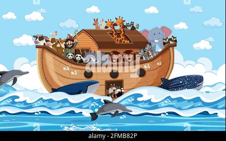 Animals on Noah's ark floating in the ocean scene illustration Stock Vector Image & Art - Alamy