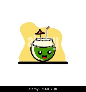 Green coconut drink cartoon character with love cute emoticon. Vector ...