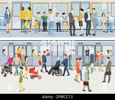 People in public transport. Subway train travel, crowd in urban metro ...