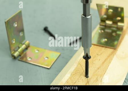Self-tapping screw screwed into a wooden board close-up. Screw for wood ...