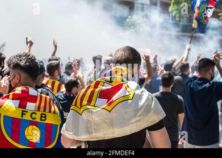 Football Club Barcelona fans are seen holding ultras and Barça flags ...