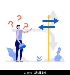 Woman standing at crossroads. Confused person thinking about the right ...