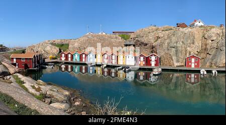 Traditional colorful wooden Swedish houses in the suburbs of Ronne ...
