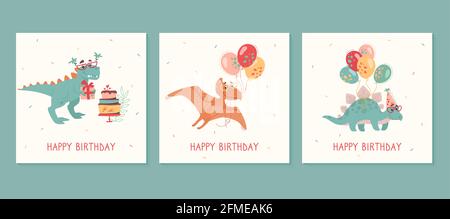 Happy birthday, greeting cards with dinosaurs. Velociraptor ...