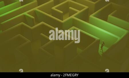 3D rendering of a person stuck in the middle of a maze shot at a high ...