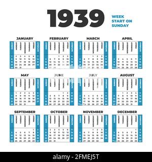1939 year vector calendar. Weeks start on Sunday Stock Vector Image ...