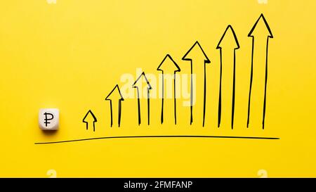The ruble growth chart is drawn on a black chalkboard, happy woman is ...
