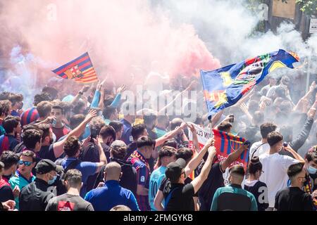 Football Club Barcelona fans are seen holding ultras and Barça flags ...