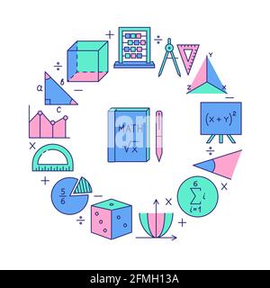 Mathematics round banner in line style. Math symbols, equations and ...