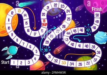 Kids board game with space planets, astronaut, rocket and school ...