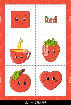 Learning colors. Red color. Flashcard for kids. Cute cartoon characters ...