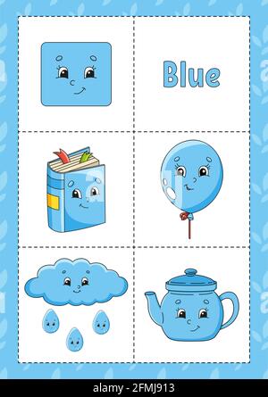 Learning colors. Blue color. Flashcard for kids. Cute cartoon ...