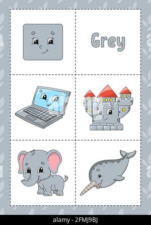 Learning colors. Grey color. Flashcard for kids. Cute cartoon ...