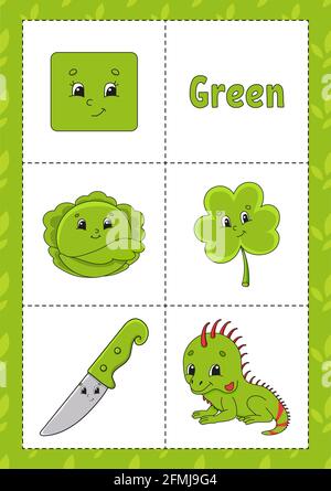 Learning colors. Green color. Flashcard for kids. Cute cartoon ...