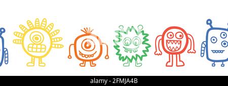 Seamless monster border vector. Repeating cute aliens and monsters ...