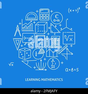 Round banner with math symbols and instruments in colored line style ...