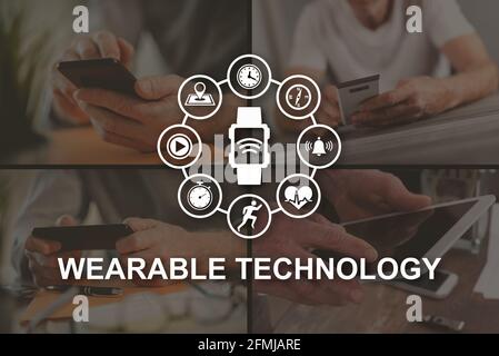 Wearable technology concept illustrated by pictures on background Stock ...