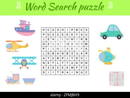 Word search puzzle for children, transport theme, fun education game ...