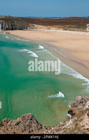 Pen Hat idyllic sandy beach and Pointe du Toulinguet with lighthouse ...