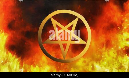 Satanic pentagram on a fiery background. Wide panoramic view. Artistic ...