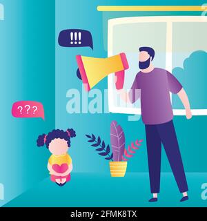 Child abuse. Parent abusing kid, father shouts in loudspeaker to ...