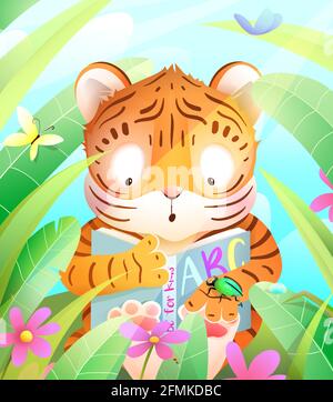 Cute little tiger read book on white background. Cartoon animal ...