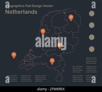 Infographics Netherlands map outline, flat design, color blue orange ...