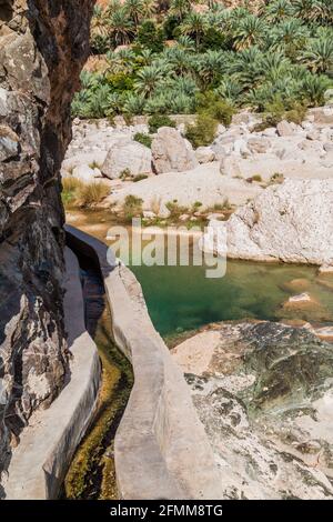 Falaj (irrigation system) in date palm grove, Hatta Heritage Village ...