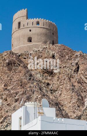Watchtower in Muttrah neighborhood in Muscat, Oman Stock Photo - Alamy