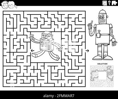 Labyrinth maze, cartoon funny robots on kids game puzzle, vector ...
