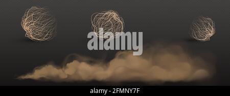 Brown dust clouds and tumbleweed, dry weed balls isolated on ...