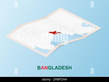 Folded paper map of Bangladesh with flag pin of Bangladesh. Vector ...