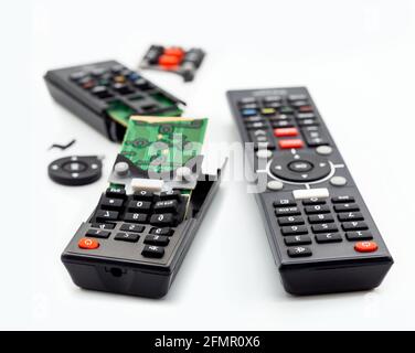 Old, dirty and broken remote control unit on light colored scratched ...