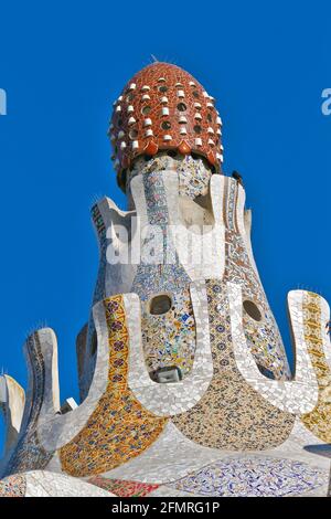 Mosaic at the exterior Parc Guell designed by Antoni Gaudi located on ...