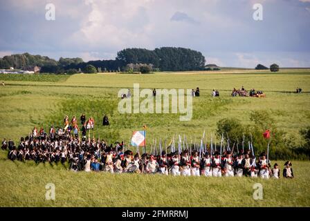 French infantry moving forward in column at the re-enactment of the ...