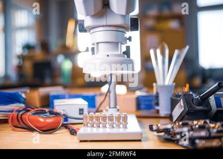 Large modern electron microscope. Microwave coaxial connector and ...