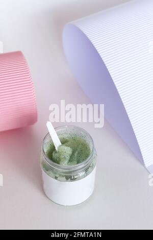 Sugar body scrub smear texture. Purple scrub smudge in petri glass dish ...