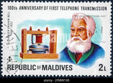 A postage stamp printed in the Maldives, is dedicated to the 100th ...