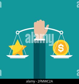 Businessman hand holds mechanical scales with dollar coin and light ...